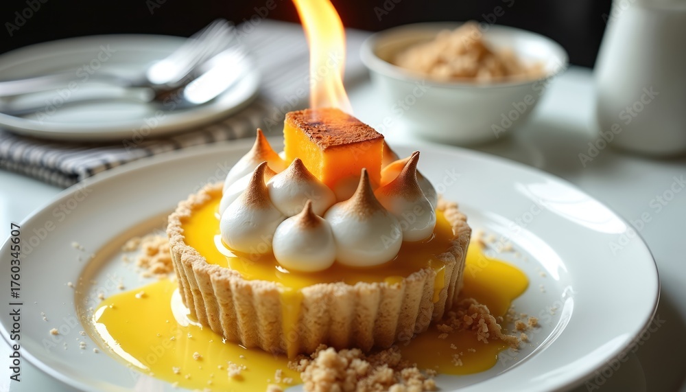 Flaming baked Alaska dessert on white plate. Tart with meringue and ...