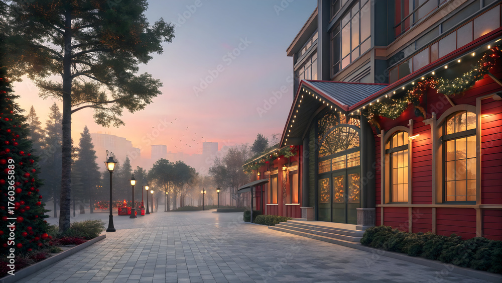 Red building with Christmas lights and decorations on a paved walkway ...