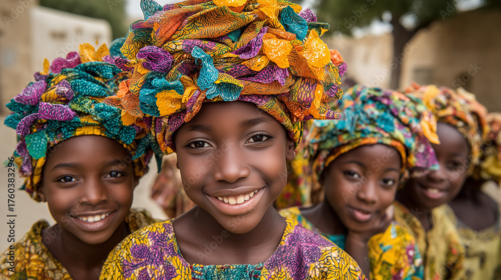 Smiling African children in colorful traditional outfits celebrating ...