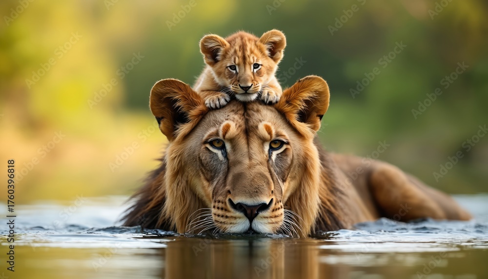 Adult lion, cute cub in clear water. Big cat wades with baby on head ...