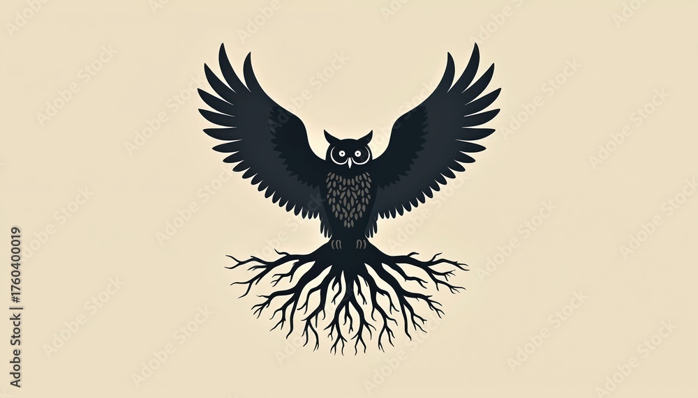 Black owl illustration with open wings and root base on neutral ...