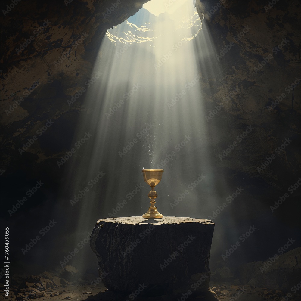 The Holy Grail Resting on Stone Altar with Light Beams from Above ...