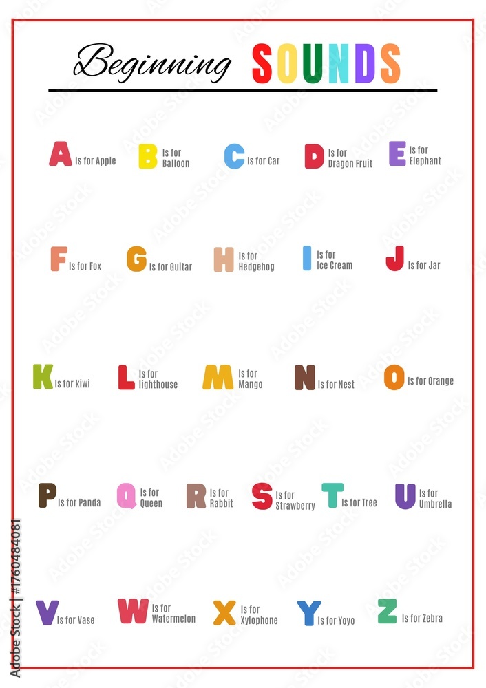 Colorful alphabet chart with beginning sounds and cute illustrated ...