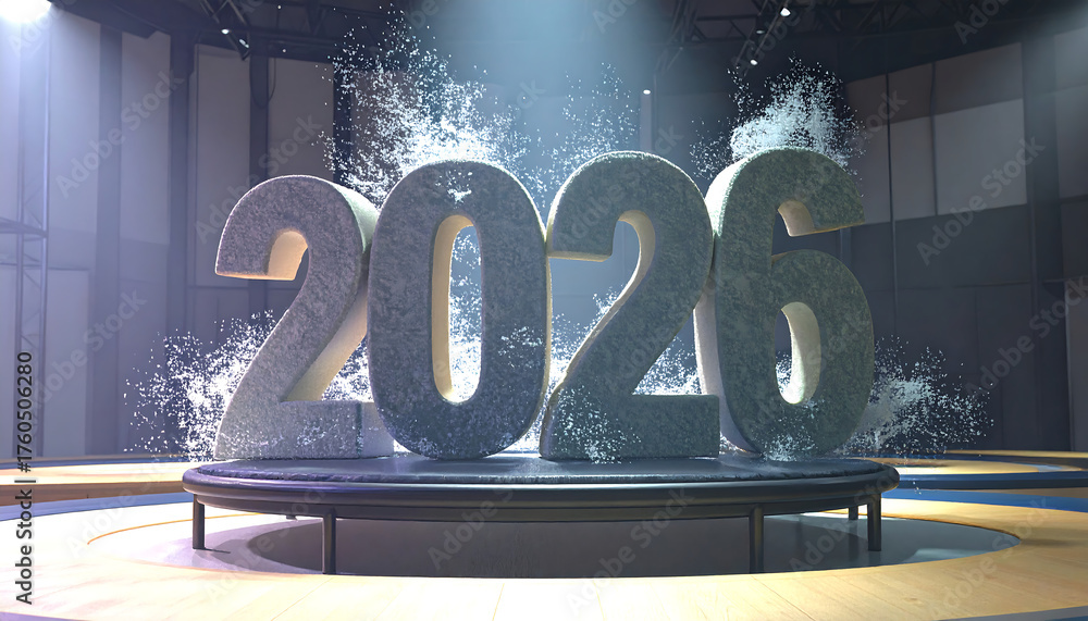 Giant concrete numbers spelling out "2026" emerge from a dramatic ...
