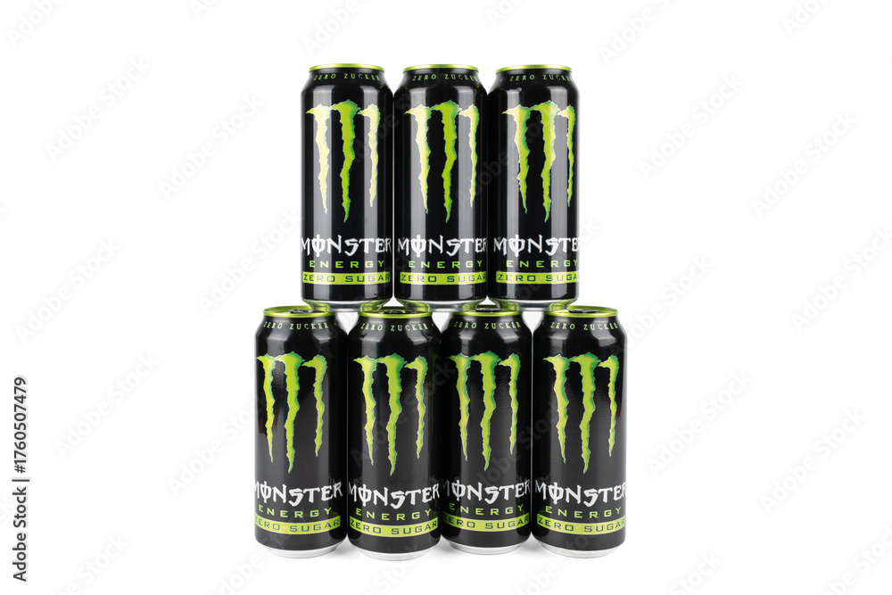Germany Berlin October 18, 2025. A pyramid stack of Monster Energy Zero ...