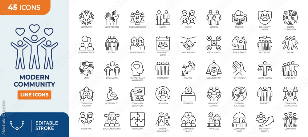 Minimalist Modern community outine icons set with editable stroke ...