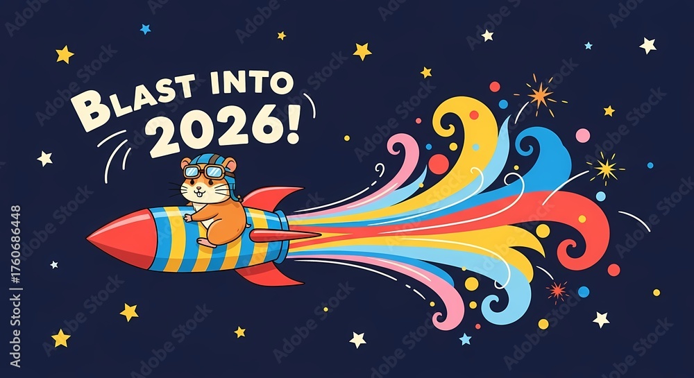 Cute hamster blasting into 2026 on a rocket with colorful smoke trail ...