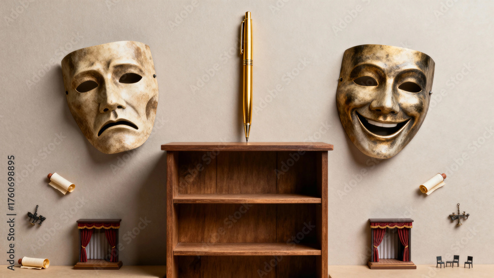 Wooden shelf with theatrical masks, miniature theater stages, and ...