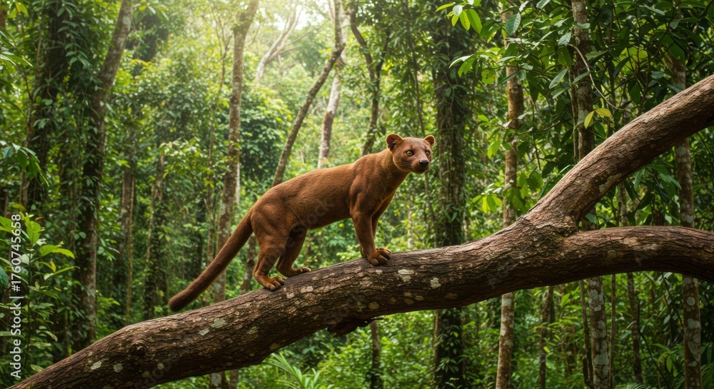 Stock-Foto „Fossa resting in the forest, showing its sleek brown fur ...