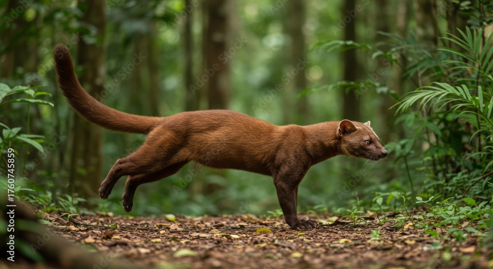 Fossa resting in the forest, showing its sleek brown fur and agile ...