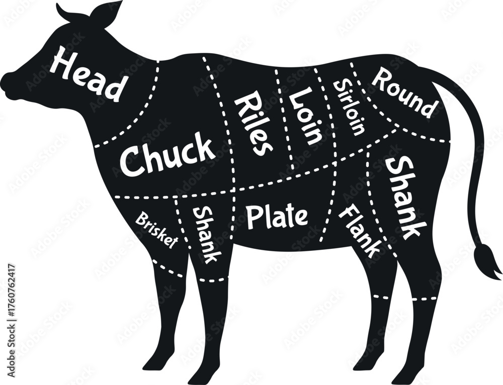 Beef cuts diagram showing different meat parts on cow Stock Vector ...