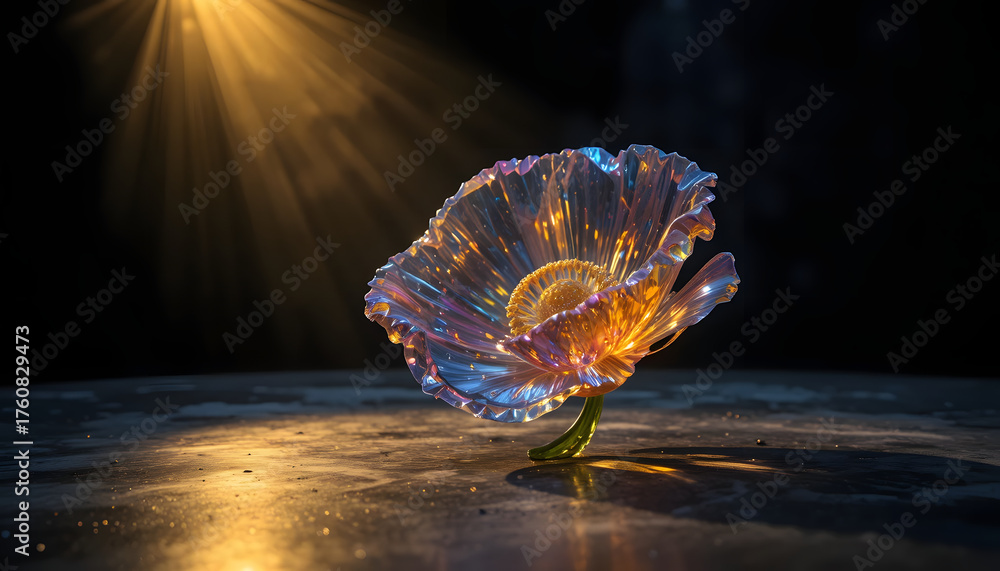 Handcrafted glass poppy floating in dark space with vibrant spectral ...