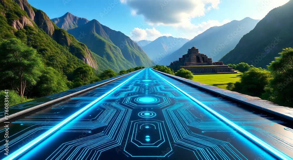 Futuristic digital highway with glowing blue circuits leading through ...