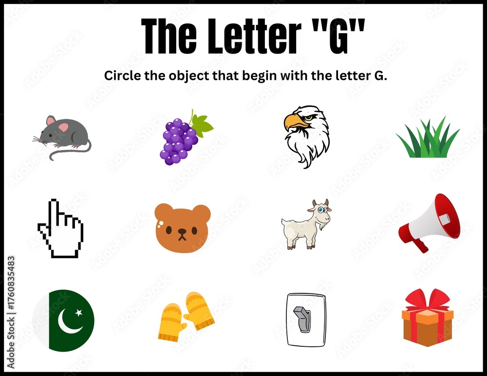 Developmental worksheet with objects whose names begin with the letter ...
