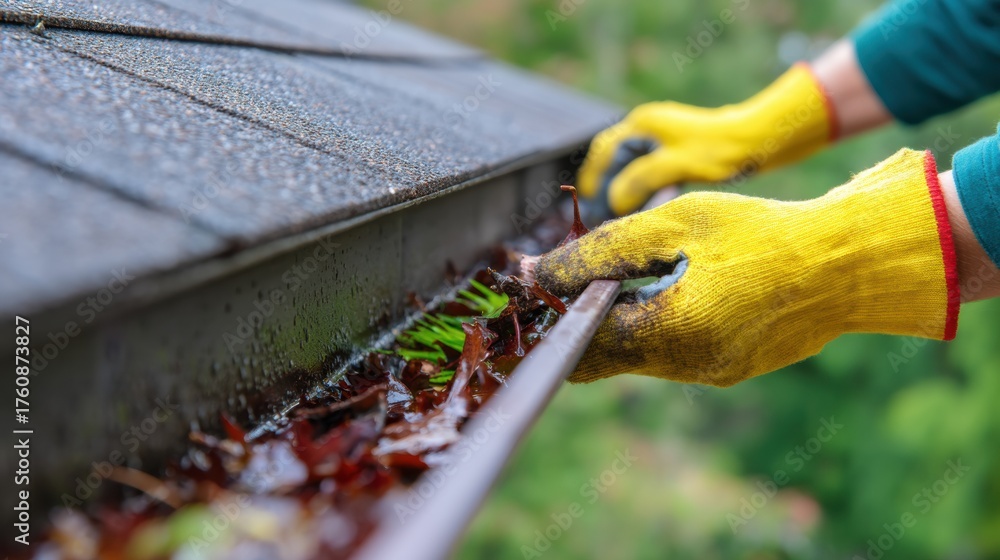 Gloved hand gutter roof leaves debris cleaning worker yellow glove ...
