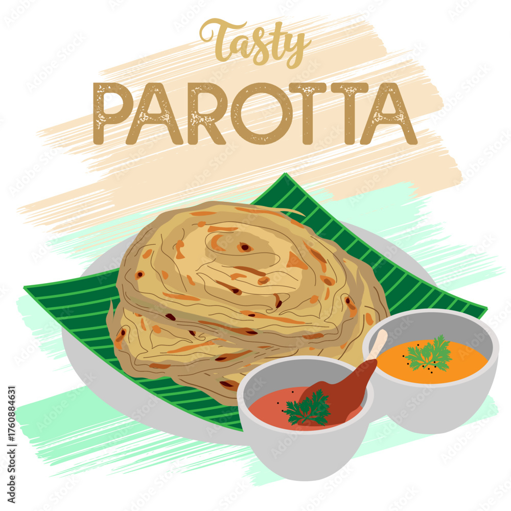 Three south Indian famous parottas with side dishes kept in a banana ...
