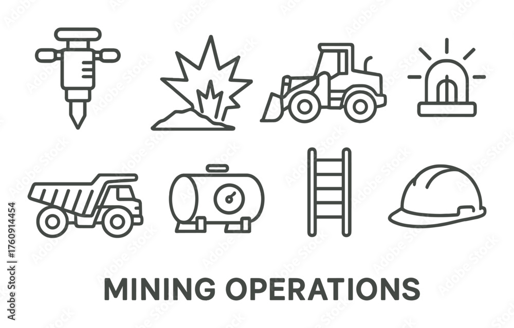 Mining operations icons: equipment, safety, and tools overview Stock ...