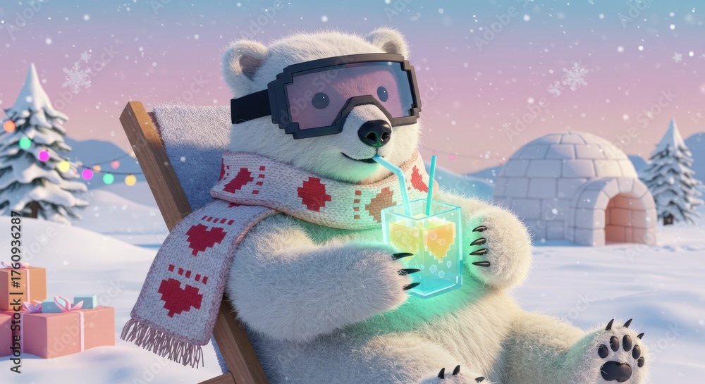 Polar bear wearing ski goggles and scarf relaxes in a deck chair ...
