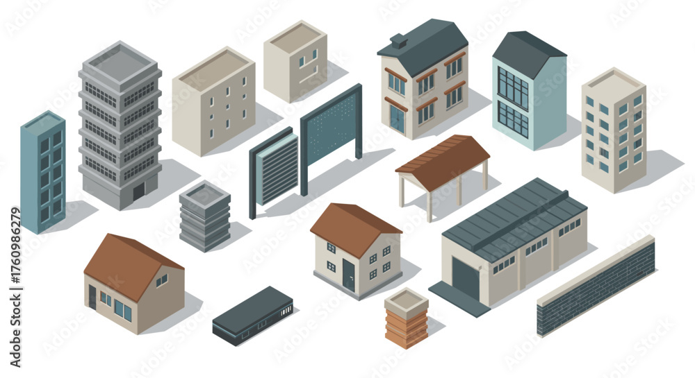 Isometric city buildings set with diverse architectural styles and ...