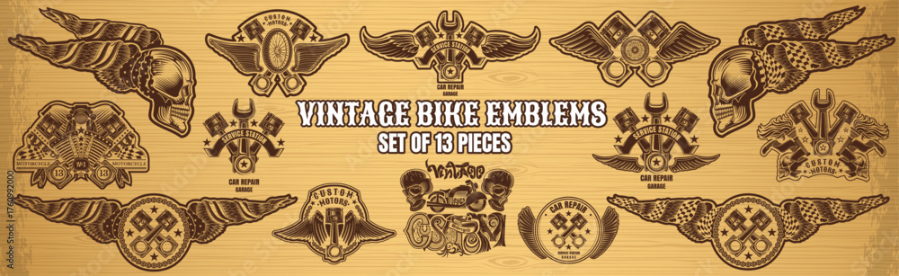 Set of Vintage Motorcycle and Garage Repair Logos and Emblems. 13 ...