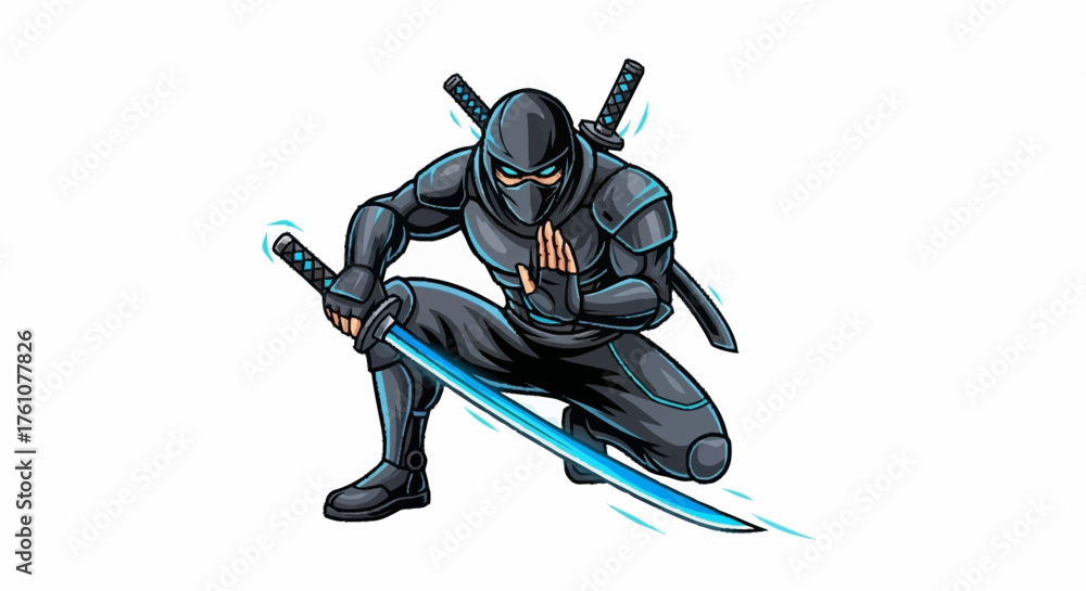 Dynamic ninja warrior in action pose with glowing sword, ready for ...