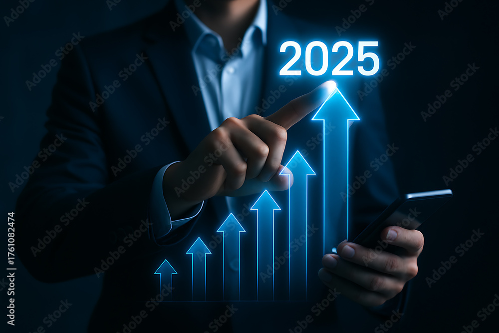 Financial future 2025 with digital growth chart and businessman ...