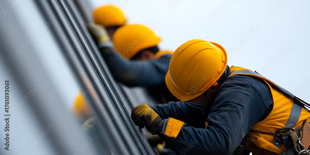 Stock-Foto „Team of construction workers wearing safety helmets ...