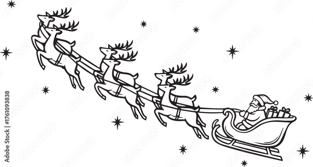 Classic black and white illustration of santa claus flying in his ...