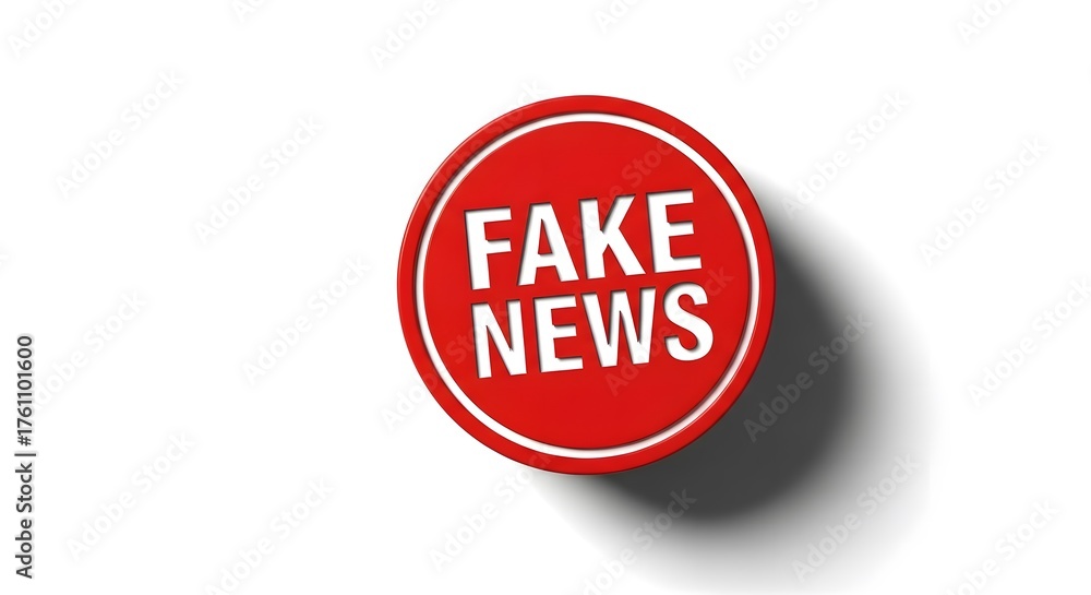 3D red circular stamp or button with white "FAKE NEWS" text on white ...