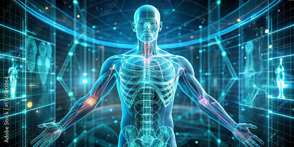 A detailed representation of the human body highlighting the skeletal ...