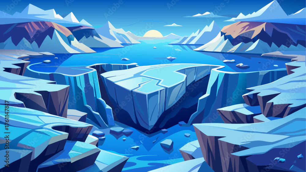 Aerial view of glacier breaking apart at the edge of a fjord, huge ice ...
