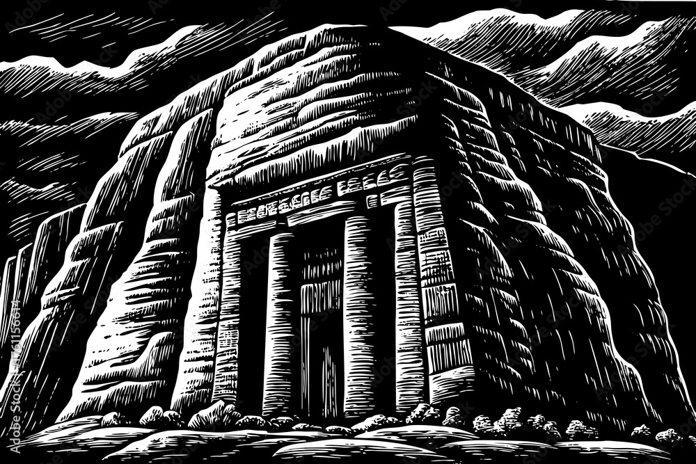Line art vector of a giant, ancient rock formation with heavy ...