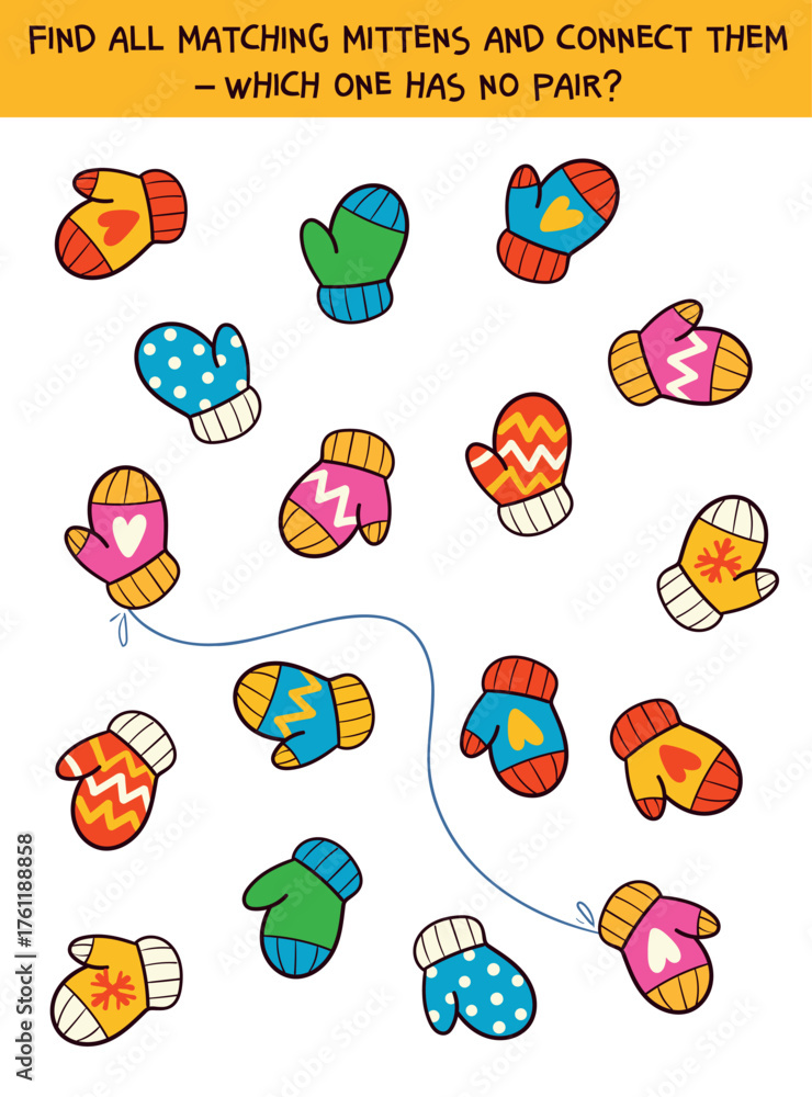 Colorful mitten matching puzzle for kids. Find and connect pairs of ...