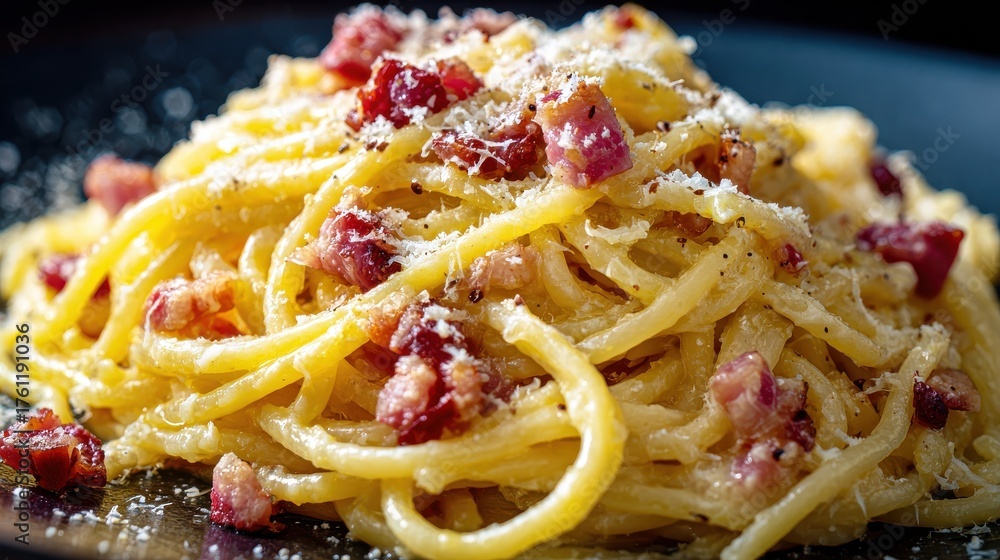 closeup of creamy spaghetti carbonara with pancetta egg yolks and ...