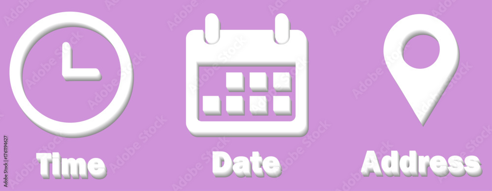 Time, date, address vector icon set in 3d style. Date time address ...