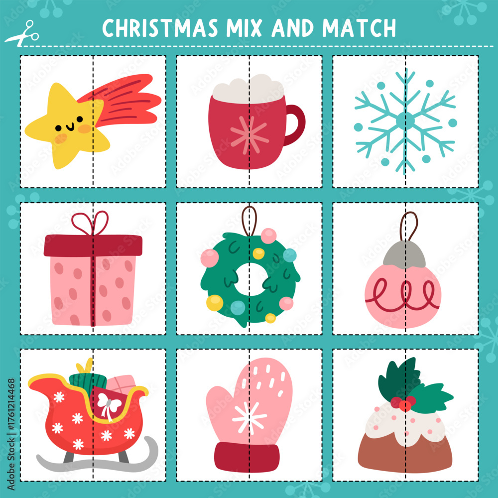 Vector Christmas mix and match puzzle. Matching New Year activity for ...