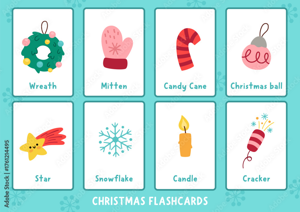 Vector Christmas flash cards set with wreath, mitten, candy cane, star ...