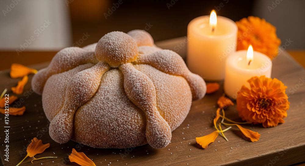 Traditional pan de muerto with marigold flowers and candles for dia de ...