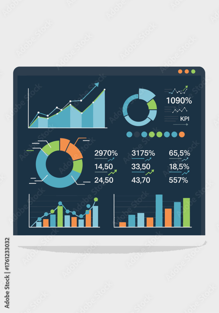Business analytics dashboard interface with various charts, graphs, and key performance ...