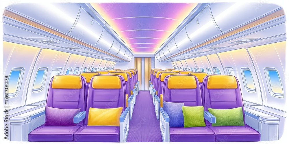 2D airplane cabin drawing with focus on overhead compartments Stock ...
