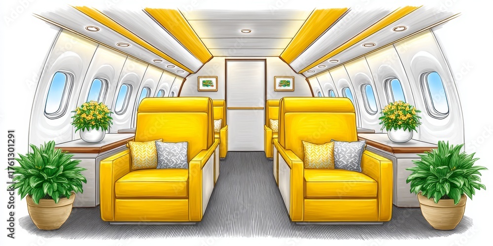 2D airplane cabin drawing with focus on overhead compartments Stock ...