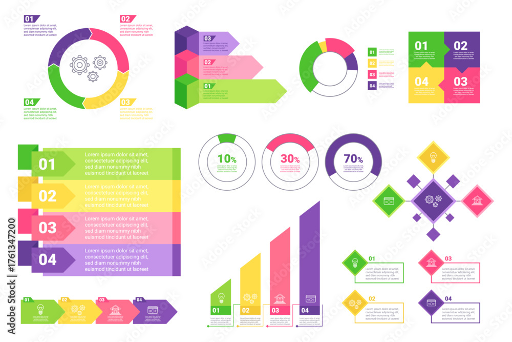 Infographic set with vibrant charts and diagrams presenting various ...