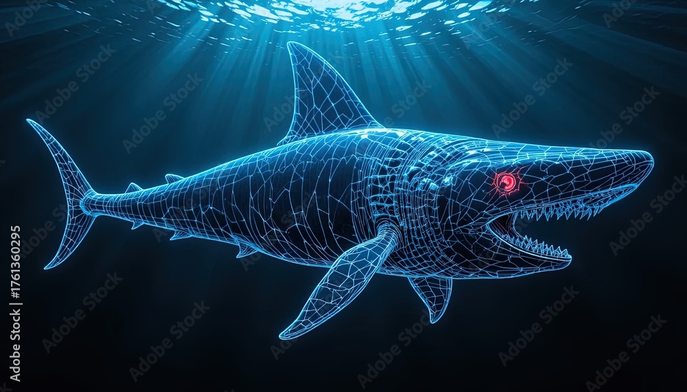 Stunning wireframe shark swimming powerfully in deep blue ocean waters ...