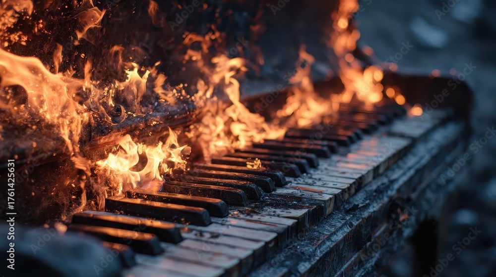 Burning piano with keys ablaze in intense orange flames and smoke ...