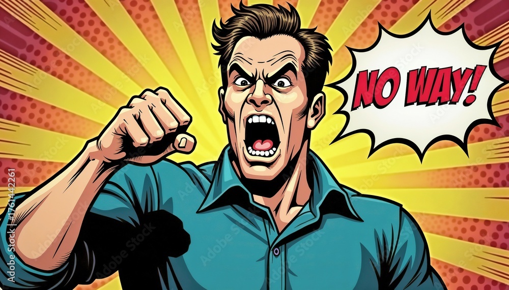 Angry man shaking his fist with bubble text "No Way!" in front of ...