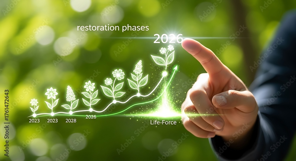 Restoration phases to 2026 showing plant growth and a rising graph ...
