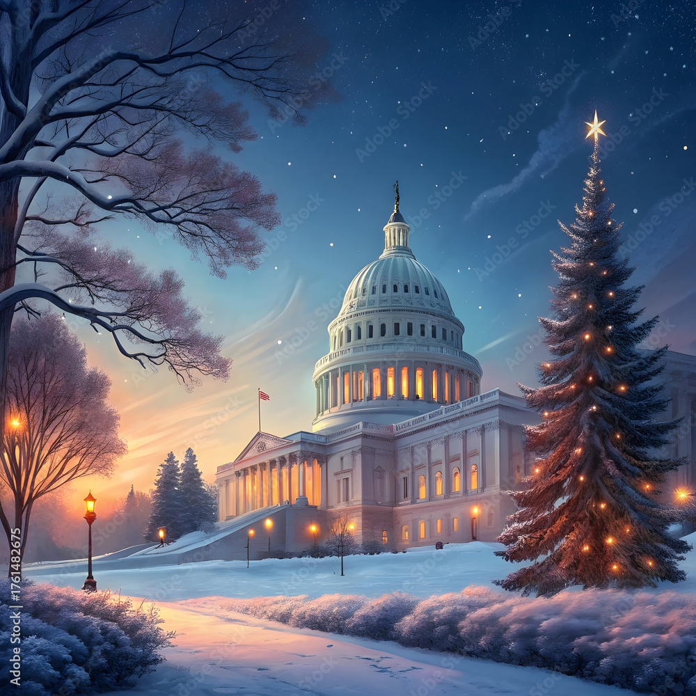 US Capitol Building Winter Snow Festive Christmas Tree Night Sky Stars ...