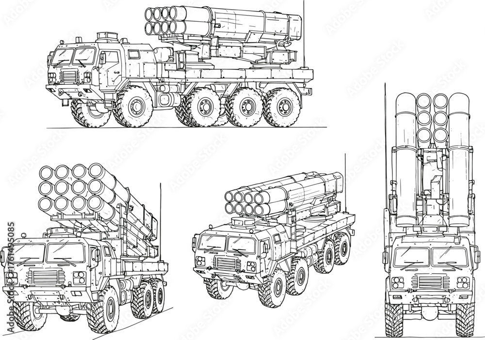 Стоковий вектор Line art of military missile truck system, multiple ...