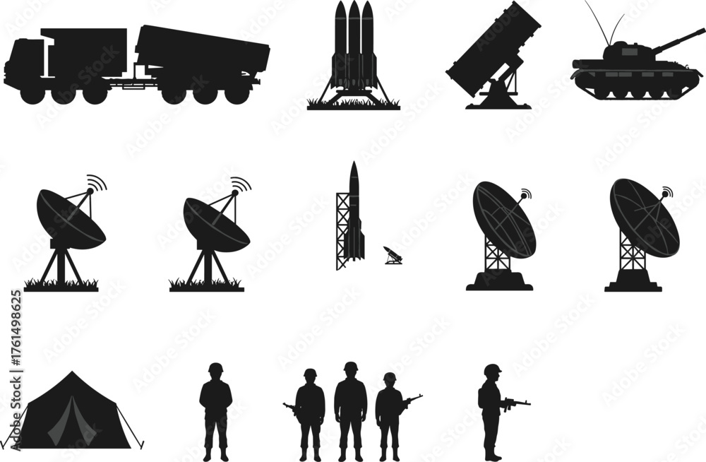 Military silhouettes, missile launcher, radar system, satellite dish ...