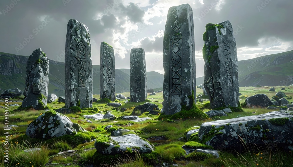 Ancient standing stones with carved runes under dramatic sky evoking ...